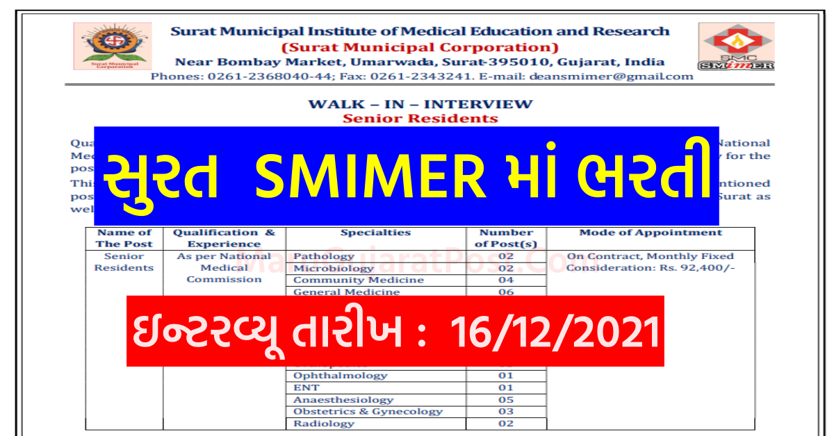 SMIMER Recruitment 2021 | Apply For Senior Residents - MaruGujaratPost.Com